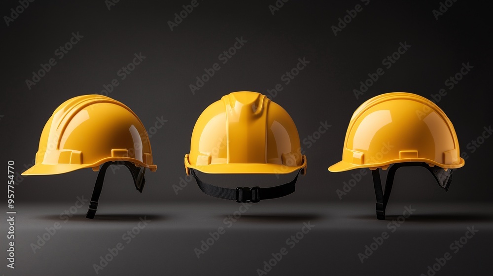 Safety First: A Trio of Yellow Hard Hats on Guard: Three vibrant yellow ...