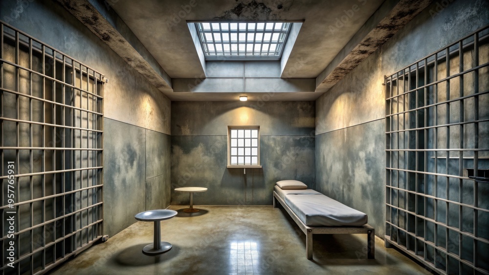 Gloomy interior of a single occupancy cell in an old jail, prison ...