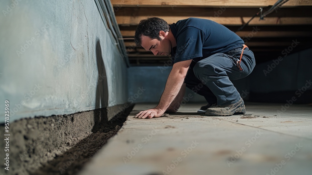 A detailed foundation inspection, showing an inspector examining the ...