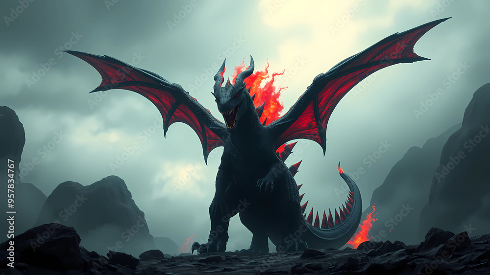 Ilustración de Stock Black and red dragon with huge wings, reign of ...