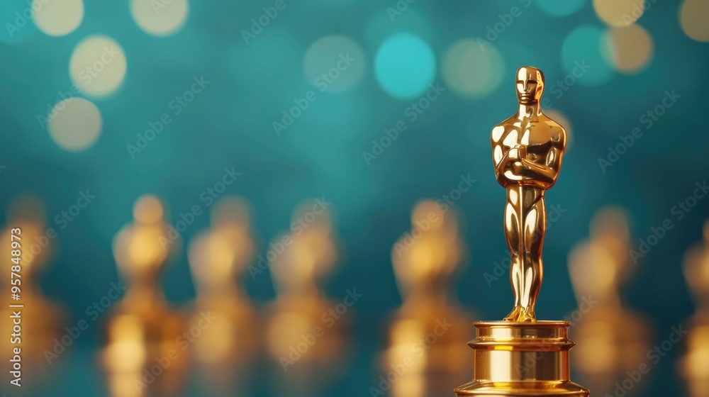 Beautifully crafted award statuettes displayed on a reflective glass ...