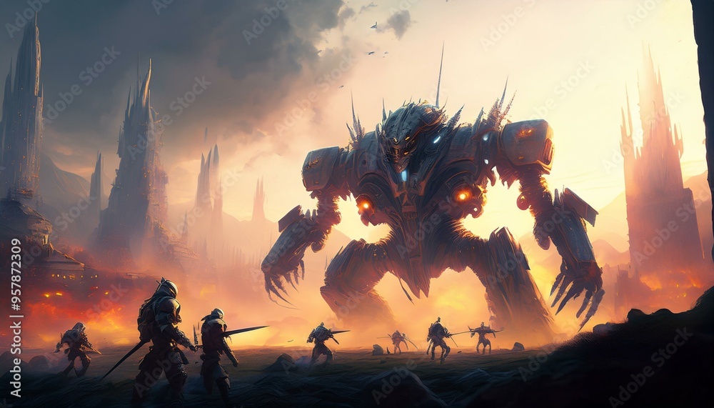 RPG Game Concept of Detailed catastrophic inside game army versus giant ...