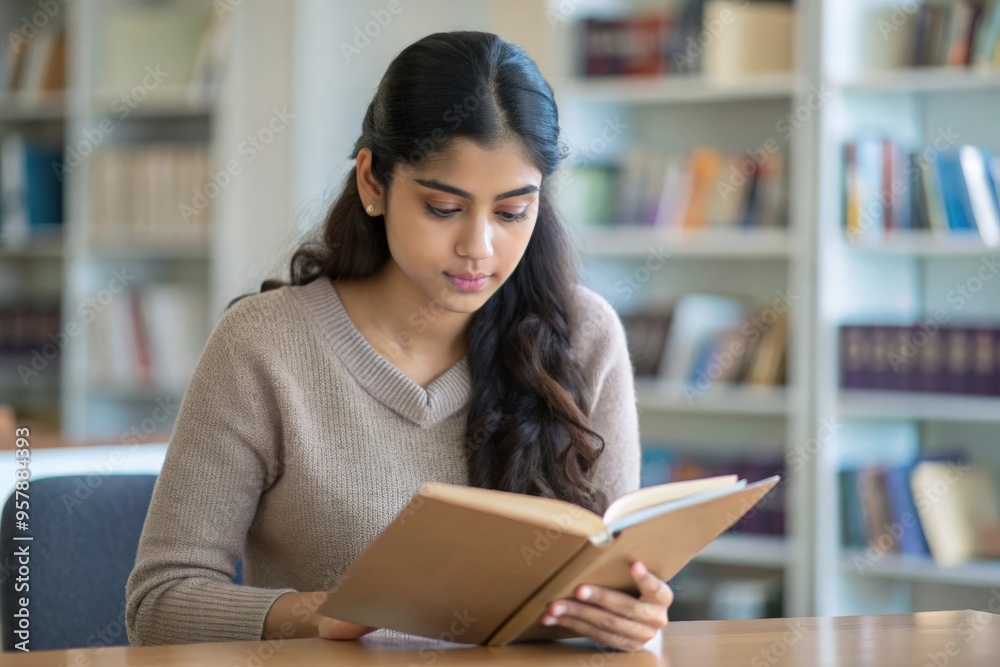 An Indian female student studying alone in a library setting. Stock ...