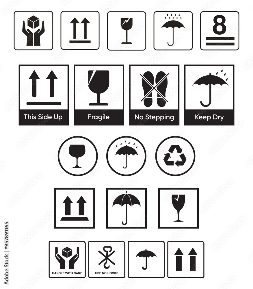 box signs, vector packaging sign industrial, fragile mark label, shipping mark, warning symbol ...
