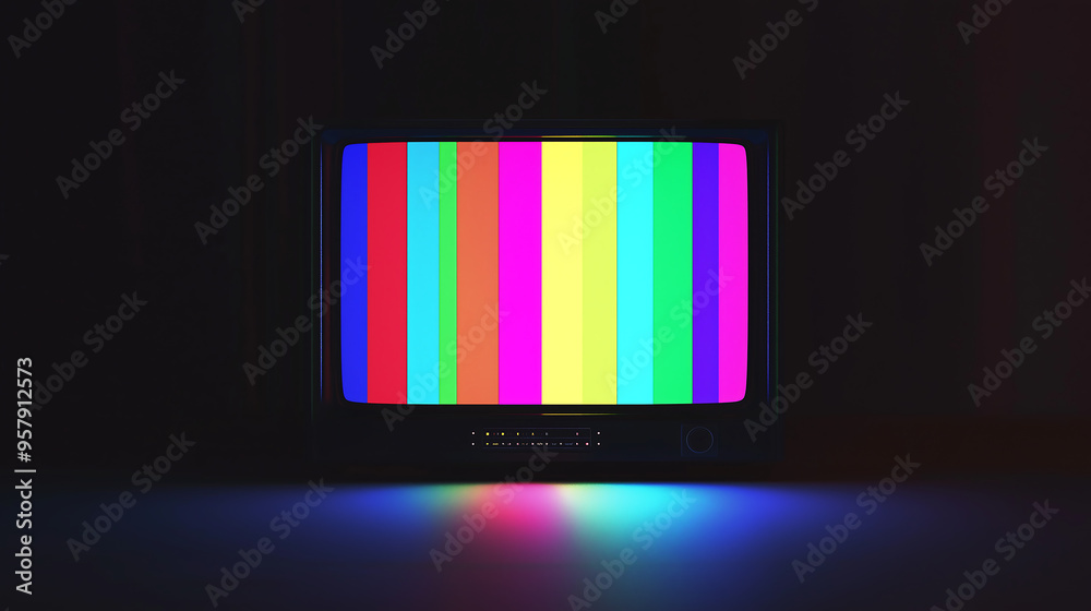 Retro television screen showing vibrant color bars dark room light ...