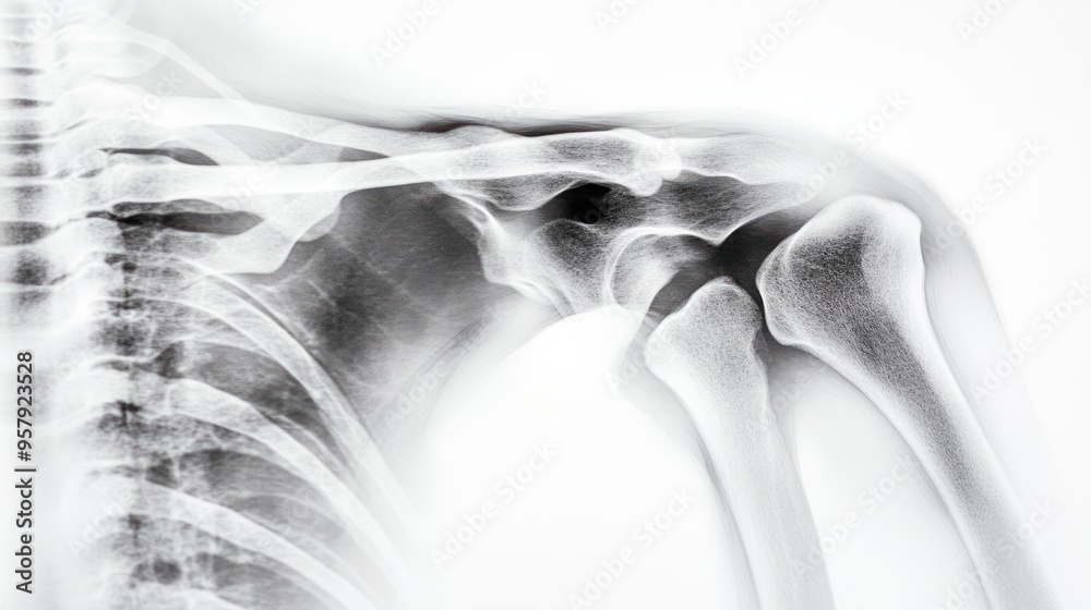 Close-up of a grayscale X-ray image of a human shoulder. The image ...