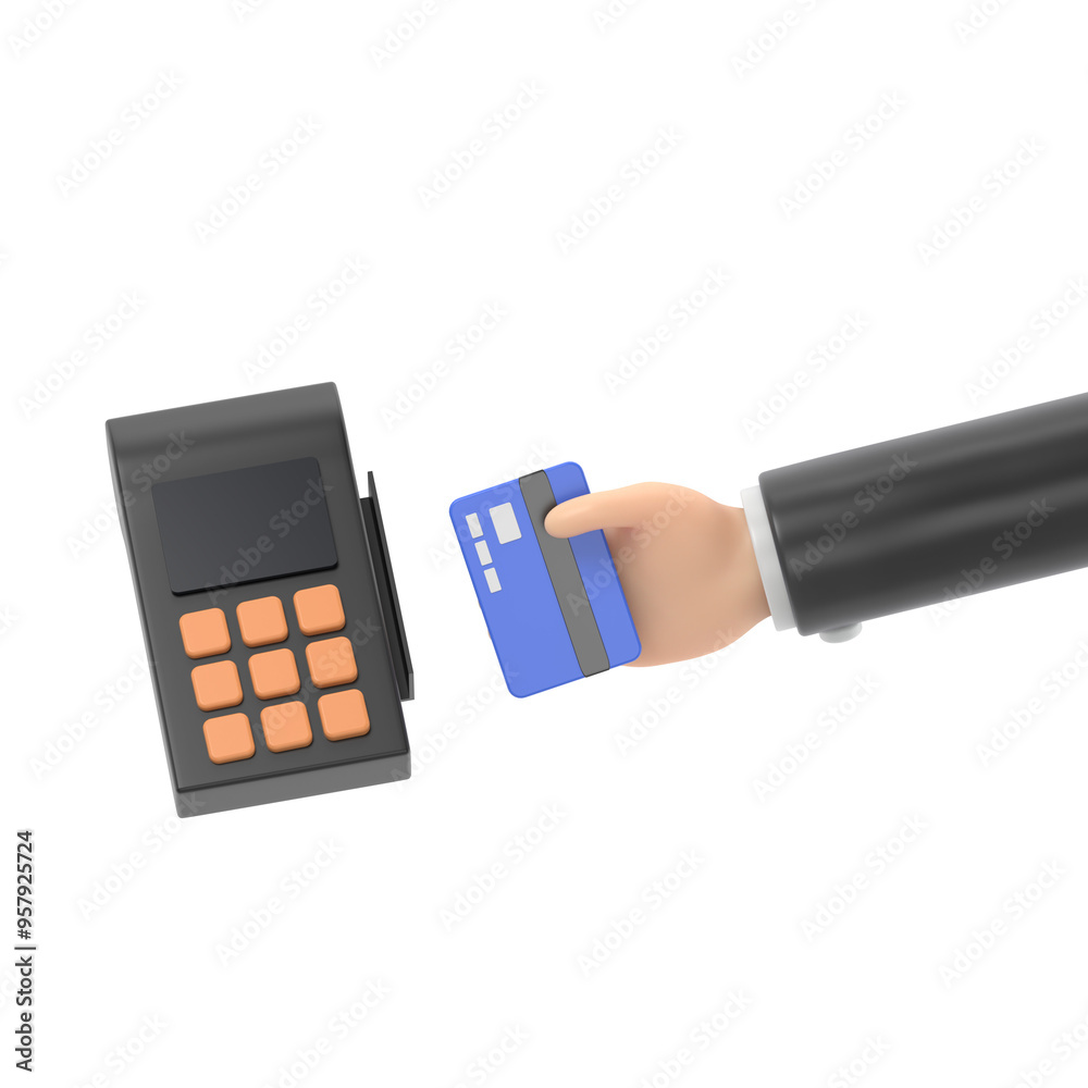Cartoon hand holding credit card and payment terminal. POS terminal ...