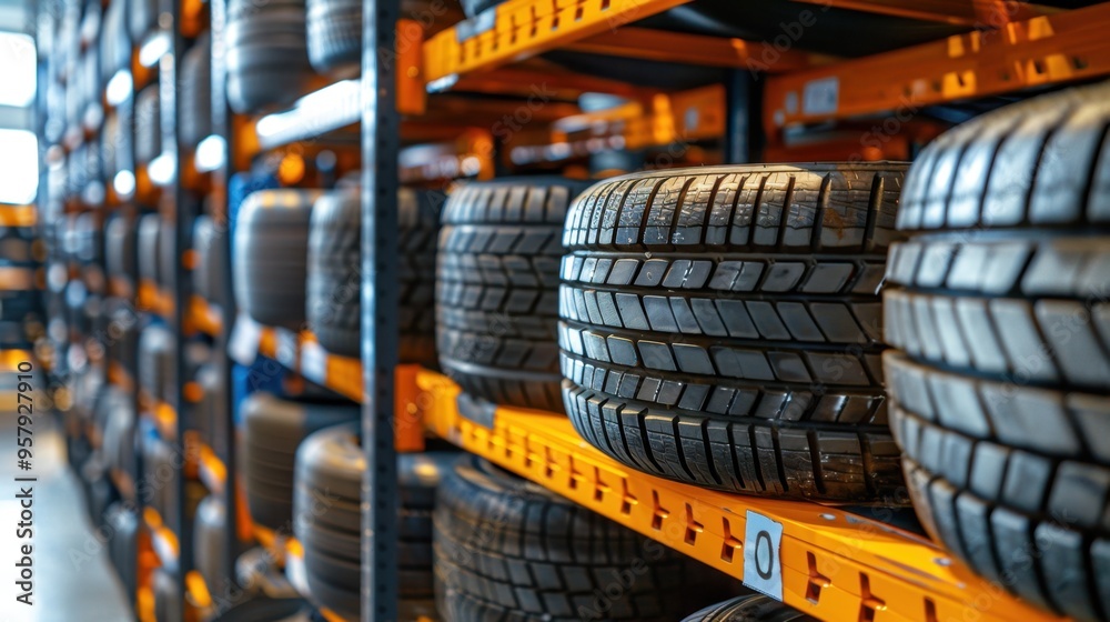 Car Tires: Replacement tires, new or used, often stored on rims and ...