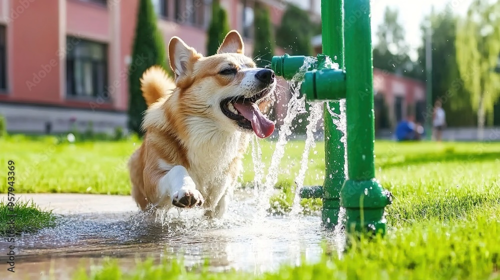 Corgi shaking water from its body after a swim. The image captures the ...