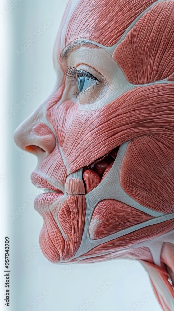 Close-up profile of a woman's face showing the facial muscles, rendered ...