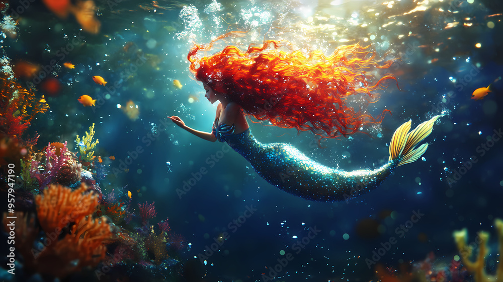 Beautiful mermaid girl with red long curly hair swims underwater in the ...