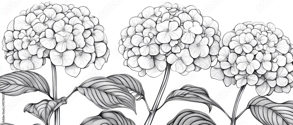 Black and white line art illustrations of hydrangea flowers ideal for ...