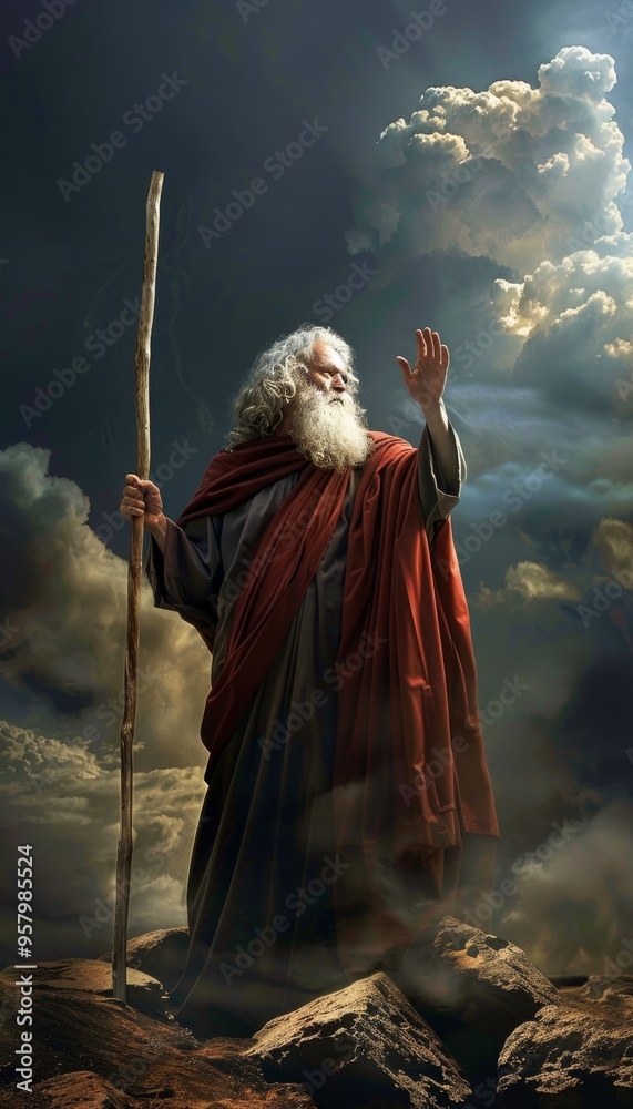 Moses summons god with staff in realistic portrayal, heavenly ...