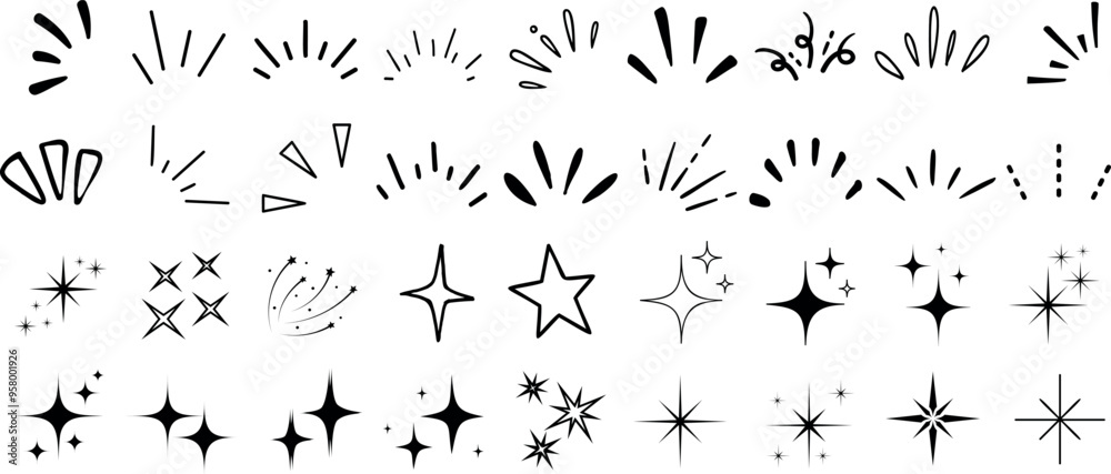 Doodle line sparkle, burst lines, and sparkle star icon vector ...