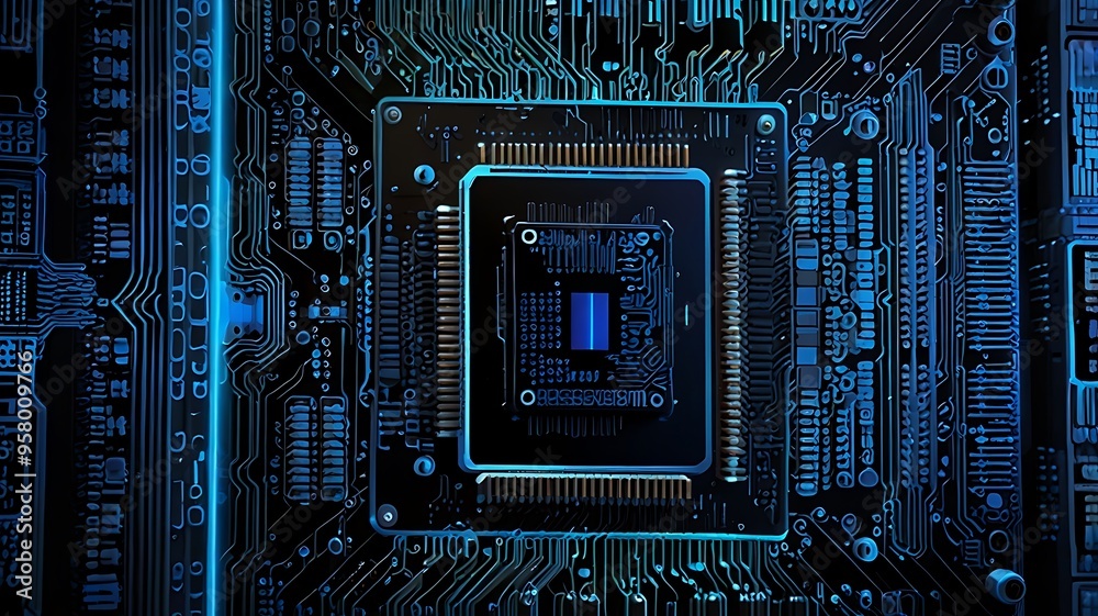 Blue binary coded neon colored motherboard with cpu .close up of a ...