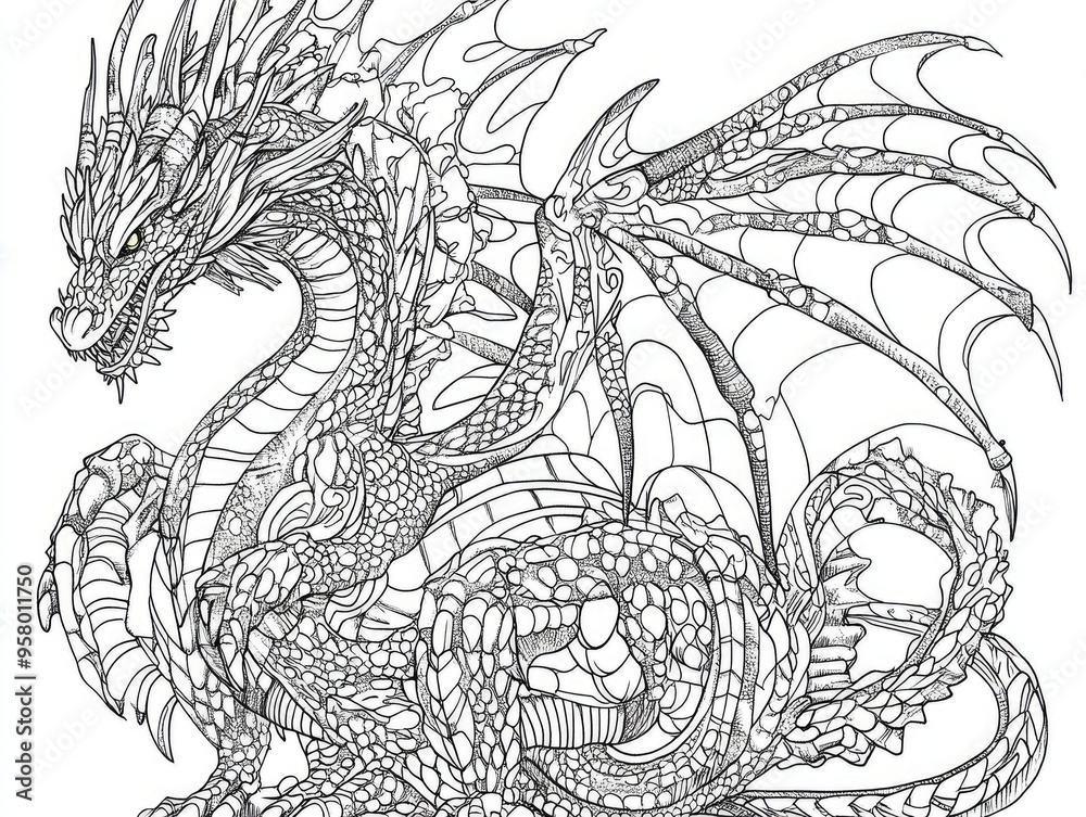 Intricate dragon coloring page suitable for all ages showcasing ...