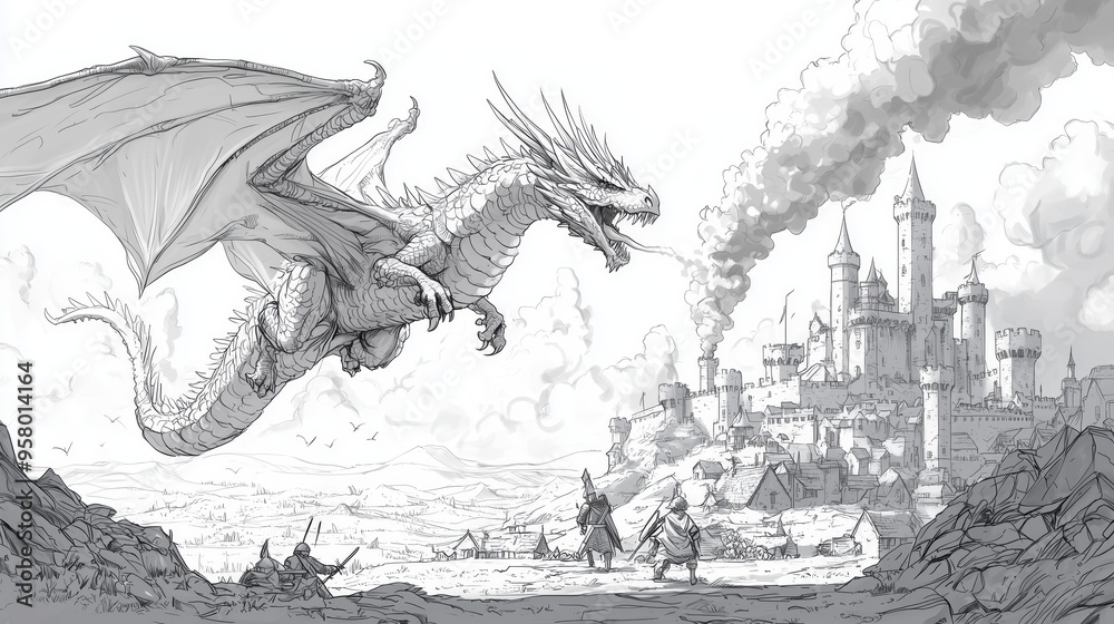 Coloring page of A detailed black-and-white illustration of a dragon ...