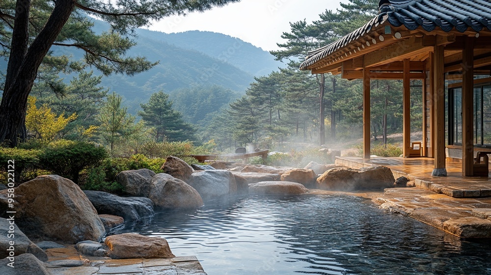 49. A peaceful scene of a Korean mountain hot spring, with steam rising ...