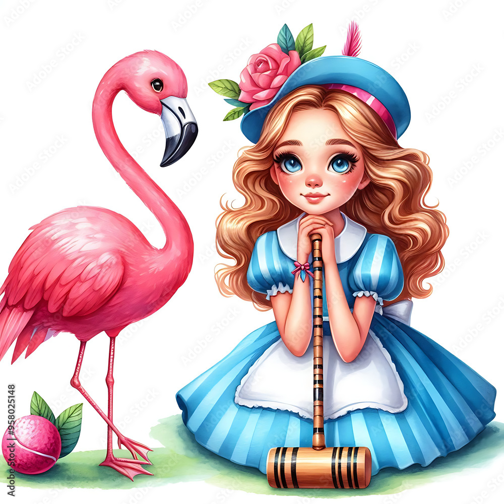 Alice with Flamingo Croquet Mallet, watercolor clipart illustration ...