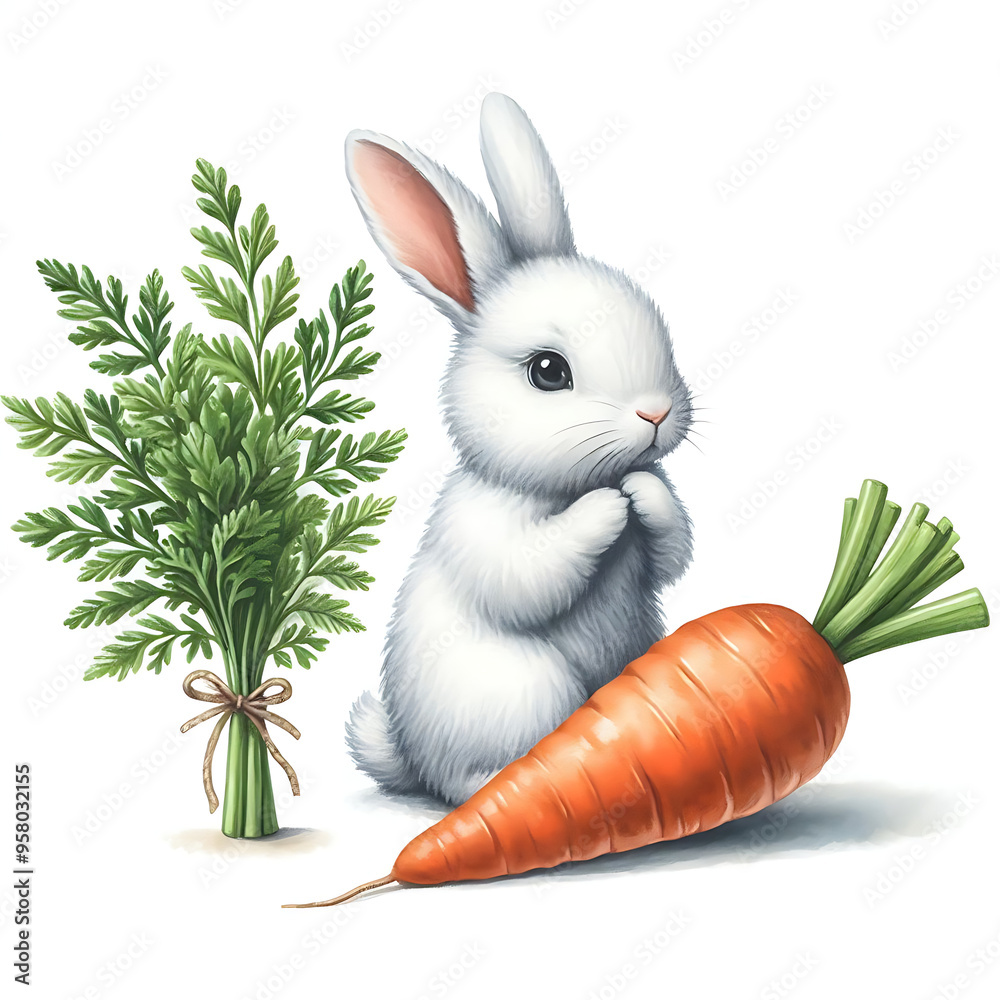 White Rabbit’s Carrot, watercolor clipart illustration with isolated ...