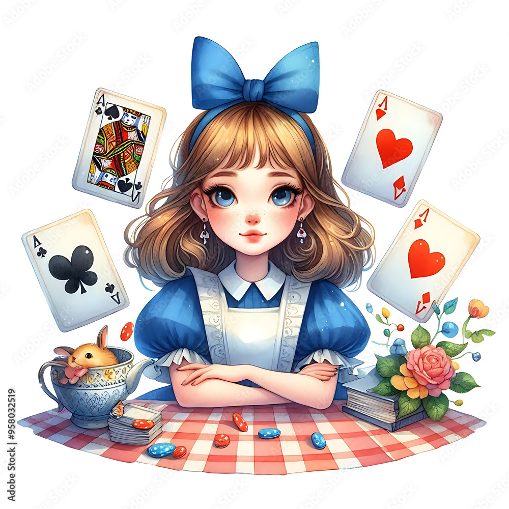 Alice with Playing Cards, watercolor clipart illustration with isolated ...