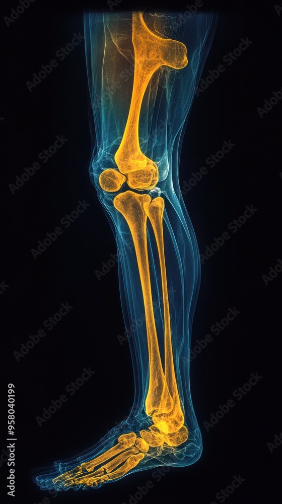 X-ray image of human leg showing bones from the knee to the foot with ...