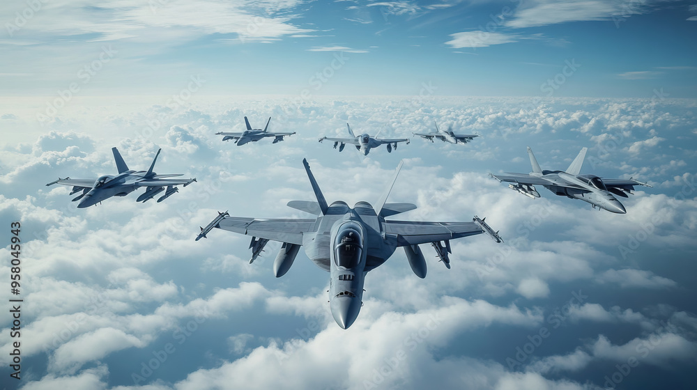 A formation of Navy jets flying in the sky above clouds for United ...