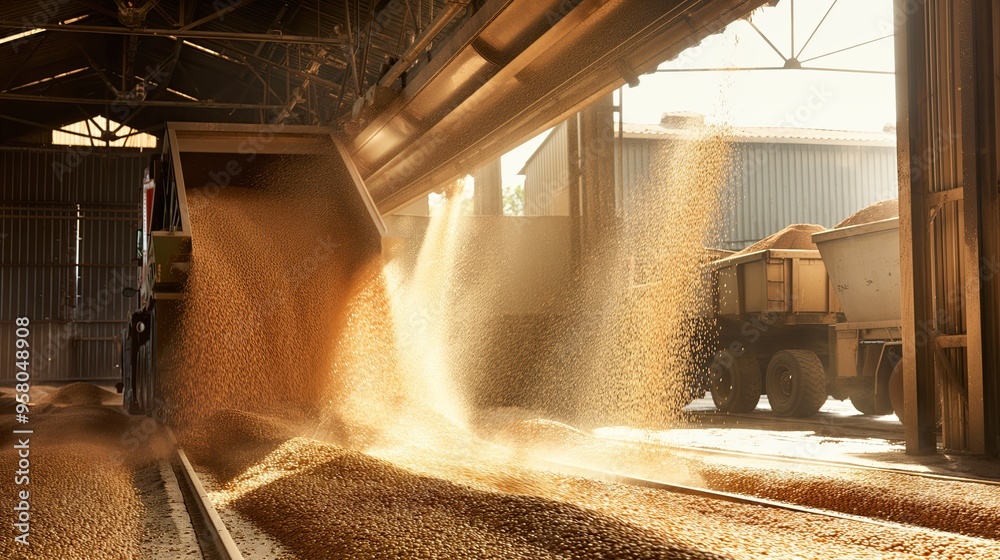 Grain pouring from a truck in an industrial warehouse with natural ...