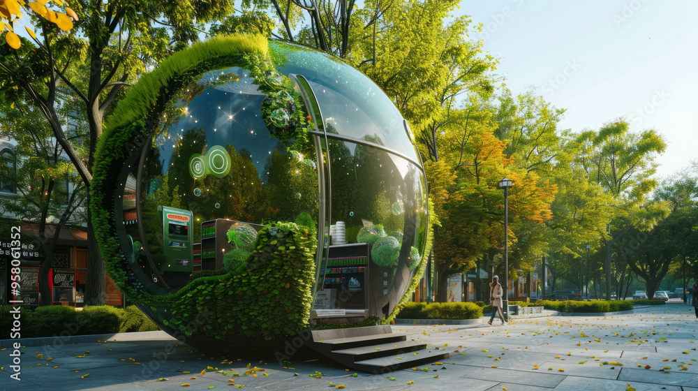 Giant spherical pop-up shop with green planet theme and interactive LED ...
