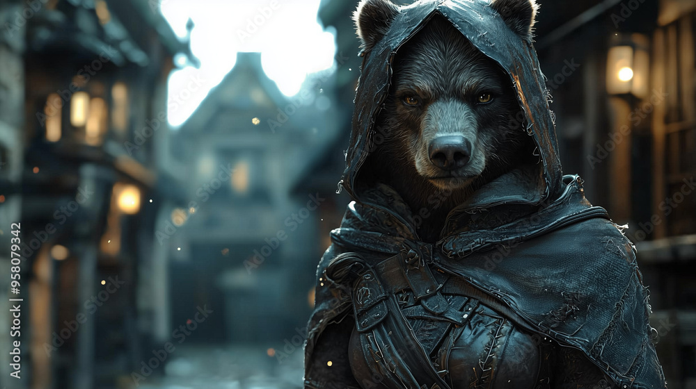 hooded beastfolk bear rogue in dark medieval city street with ...