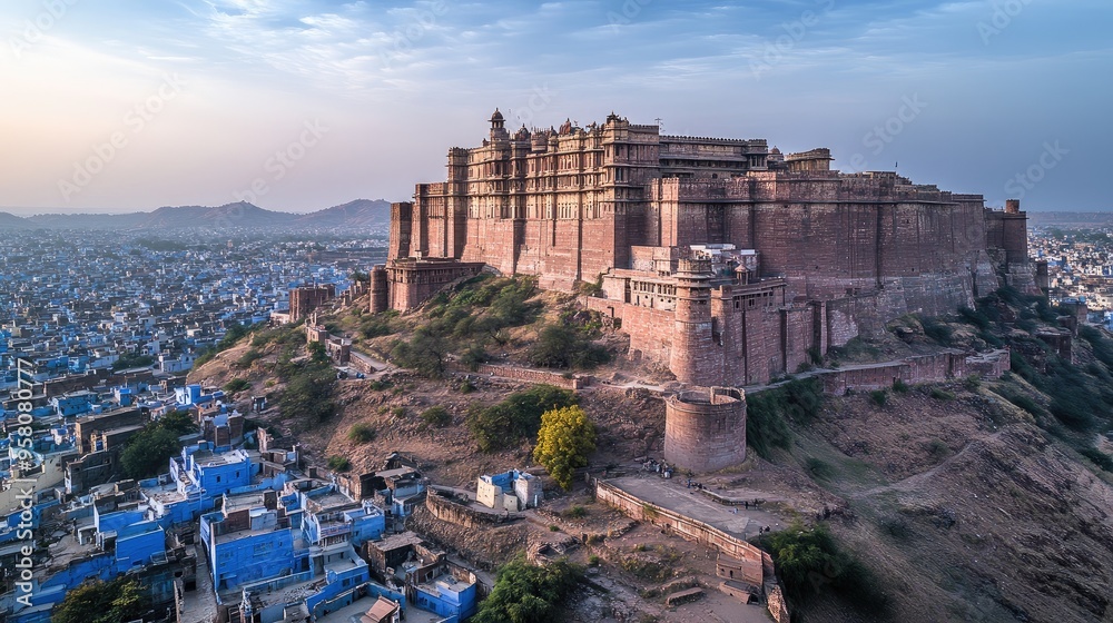 Bird's eye view of the Mehrangarh Fort in Jodhpur, towering over the ...