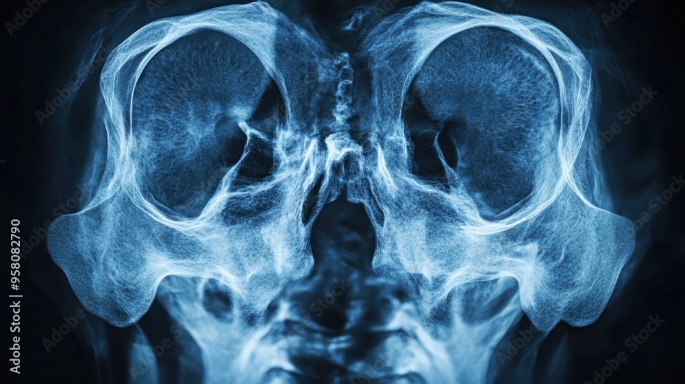 Close-up x-ray image of a human skull showing the eye sockets, nasal ...