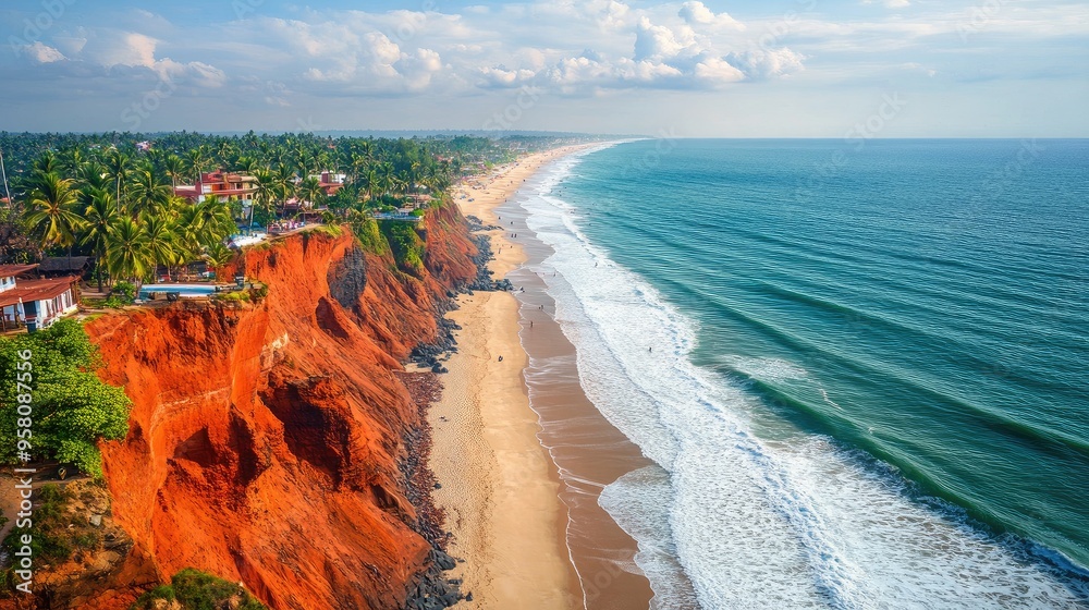 Top view of Varkala Beach in Kerala, with its red cliffs and coconut ...