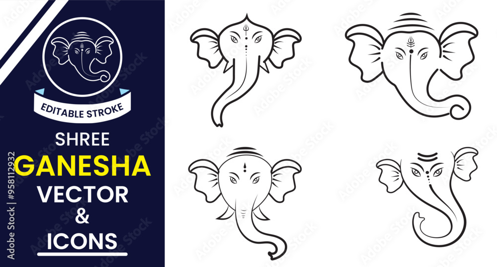 Lord Ganesh line art, icon, vector set. Happy Ganesh Chaturthi ...