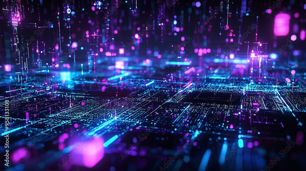Futuristic Digital Landscape Featuring AI Elements with Floating Data ...