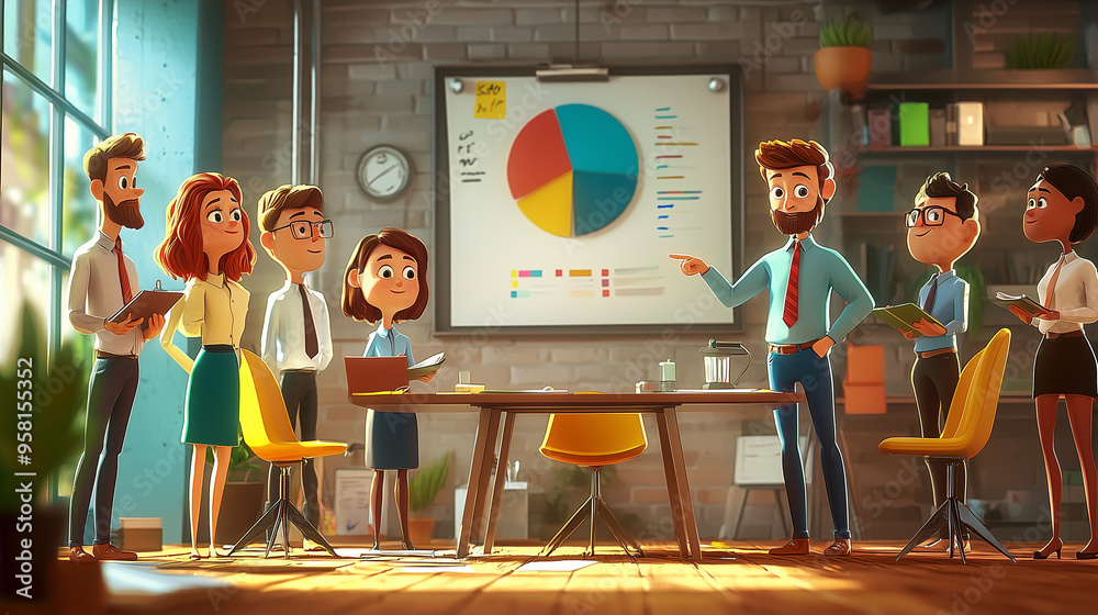 Cartoon style meeting with a group of animated characters around a ...