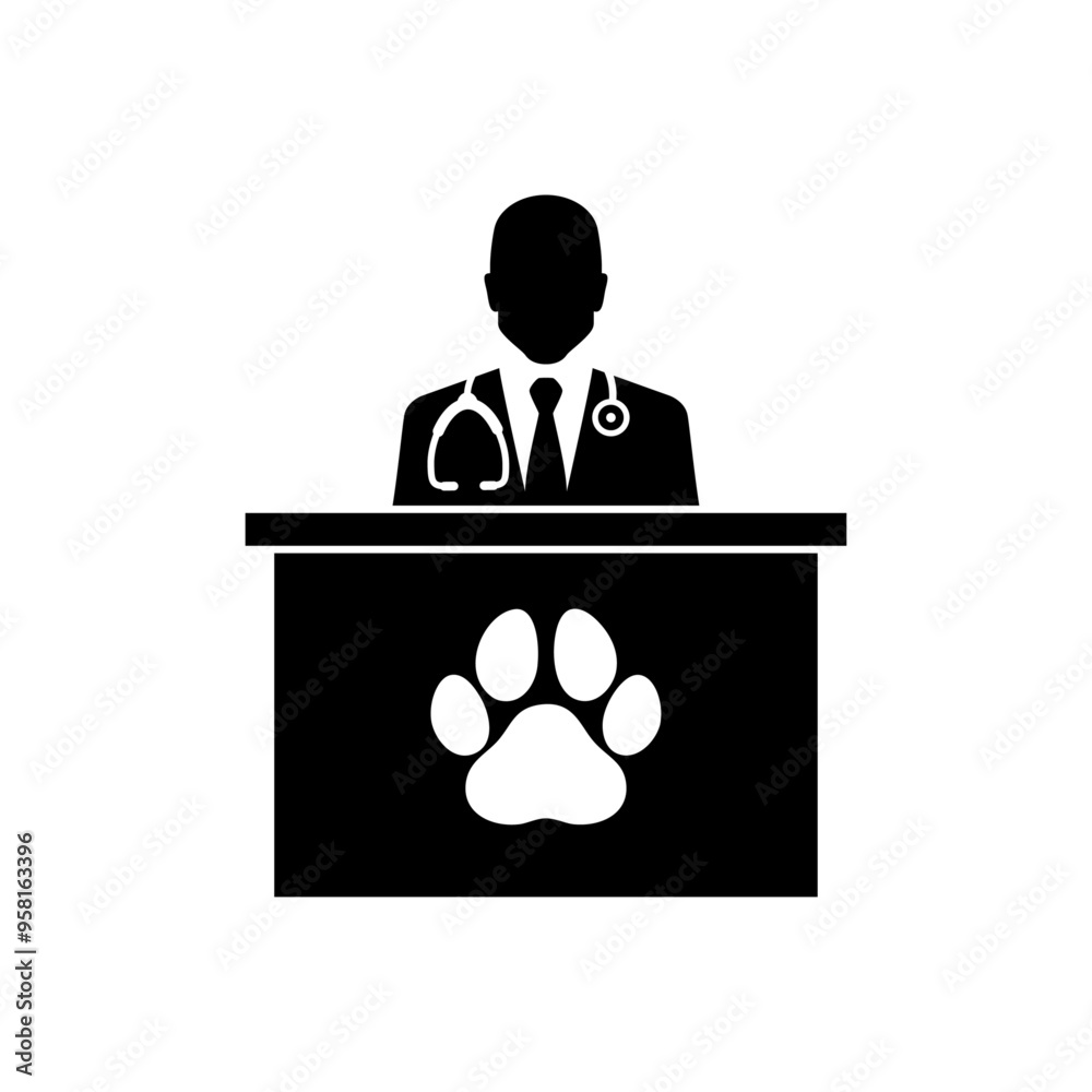 Logo de clínica de mascotas. Silueta de veterinario detrás de una mesa ...