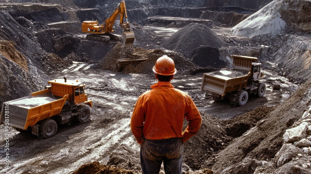 An engineer oversees construction progress, surrounded by excavators ...