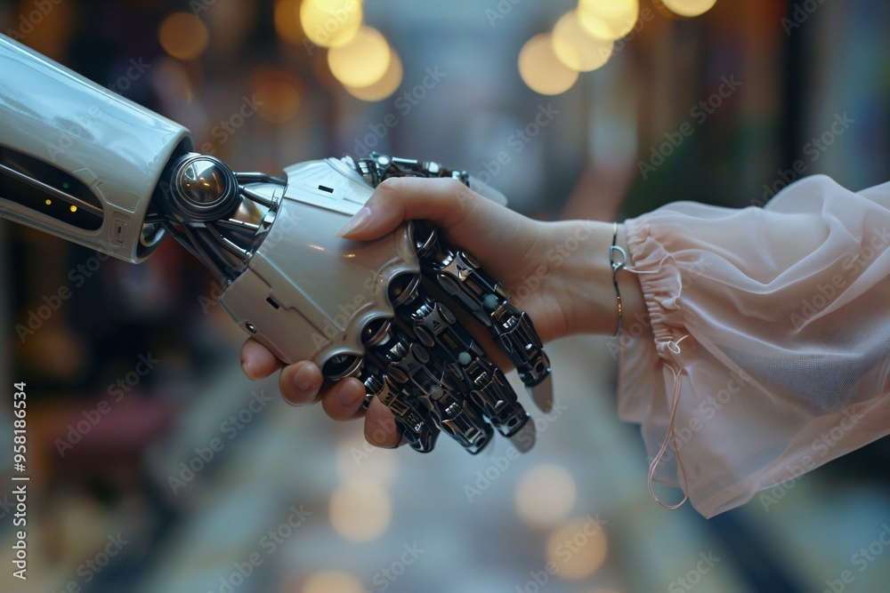 Un robot qui sert la main d'un humain, collaboration entre l'homme et l ...