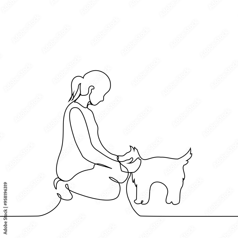 woman kneeling down and stroking a dog - one line art vector. concept ...