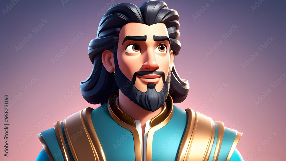 Stylized Animated Heroic Character with Dark Beard in Blue and Gold ...