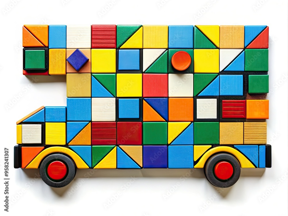 geometric pattern of colorful blocks and shapes forming a school bus ...