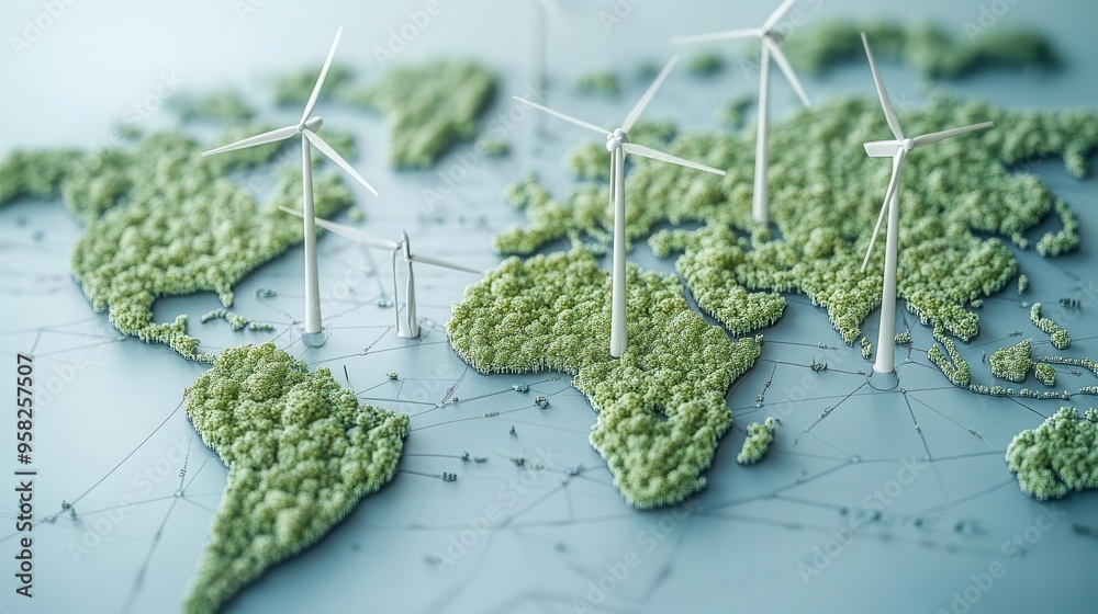 Global map made of interconnected trees and windmills, emphasizing ...