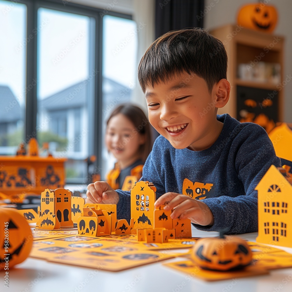 Children enjoying a fun Halloween craft activity, creating pumpkin ...