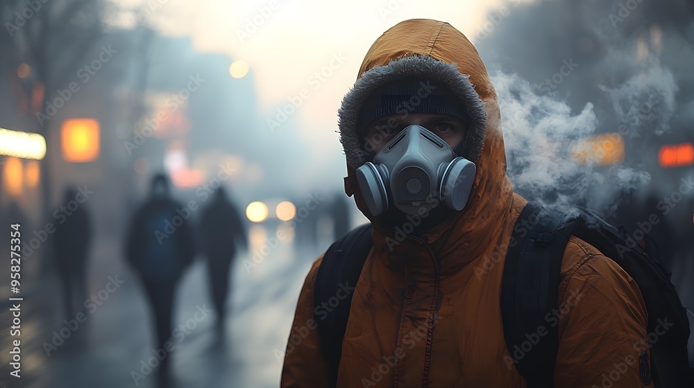 Urban street scene shrouded in a dense haze, with figures wearing masks ...