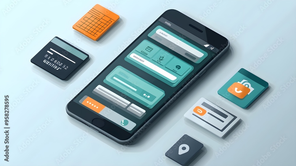 Flat design of a minimalist mobile banking app with icons for ...