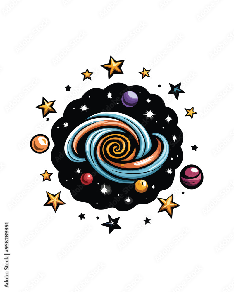 Illustrate a cosmic design depicting a galaxy with two spiral arms and ...