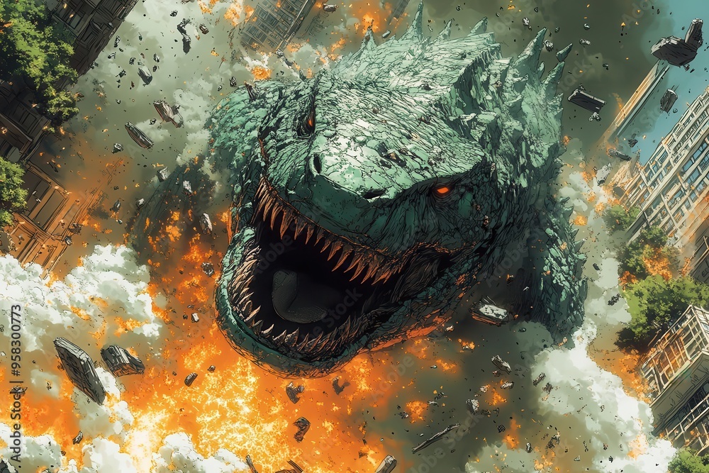 kaiju chaos cityscape dynamic comic book illustration depicting ...
