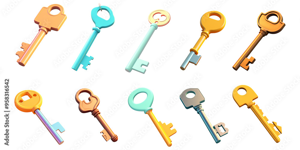Collection of ten cartoon keys in various colors and designs. Stock ...