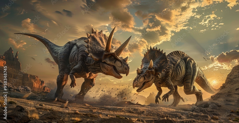 Picture a dramatic scene where dinosaurs like the Ceratops and the ...